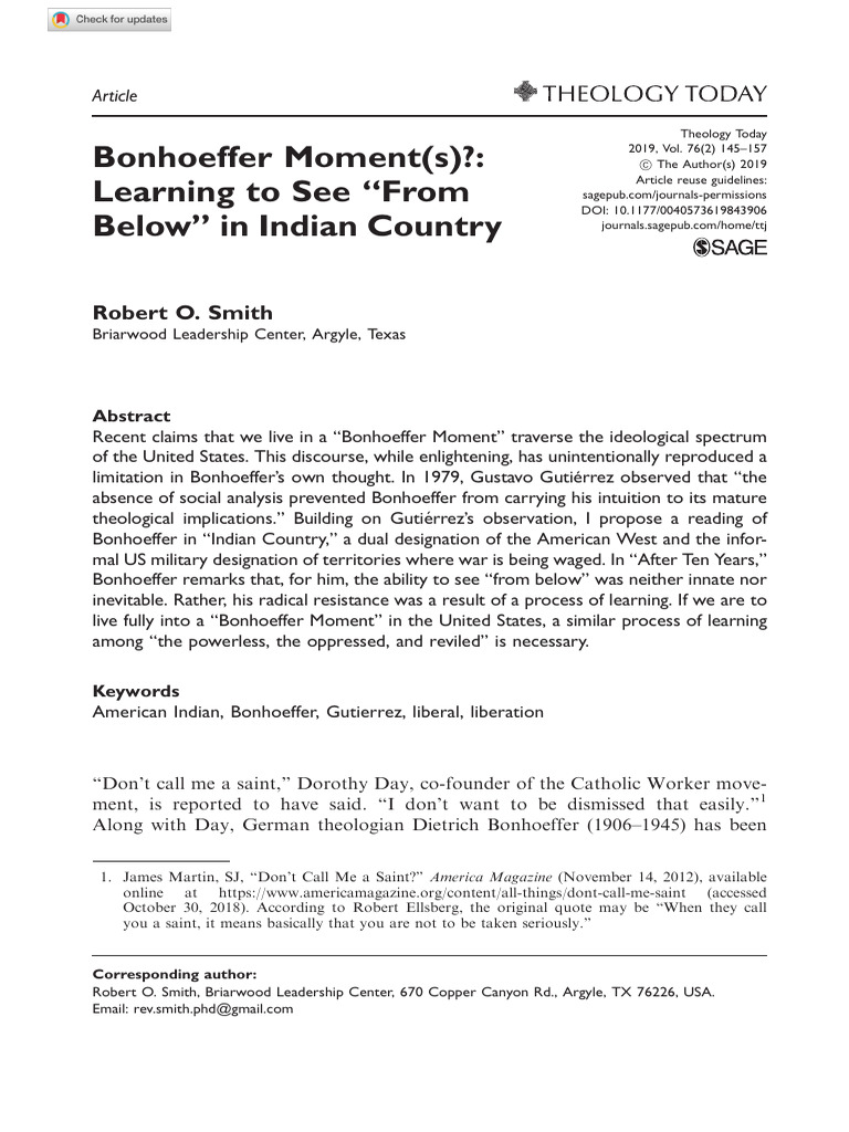Smith 2019 Bonhoeffer Moment S Learning To See From Below in Indian ...