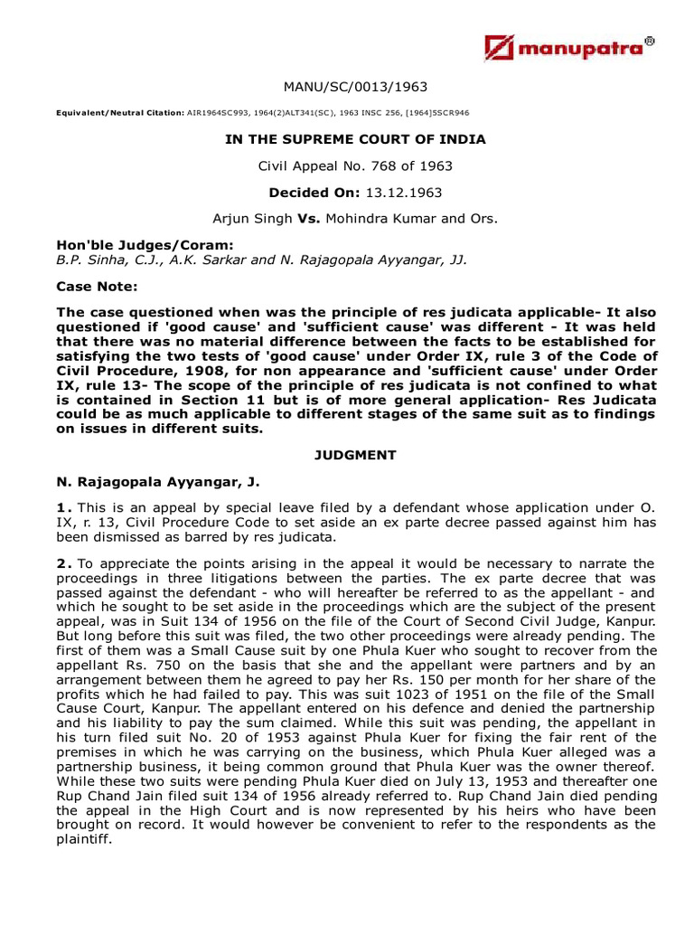 Arjun Singh v. Mohindra Kumar Case Summary | PDF | Lawsuit | Judgment (Law)