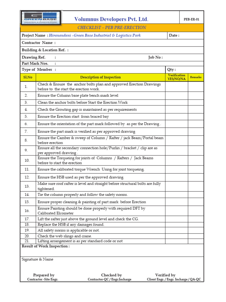 2.PEB-Pre Erection Checklist | PDF