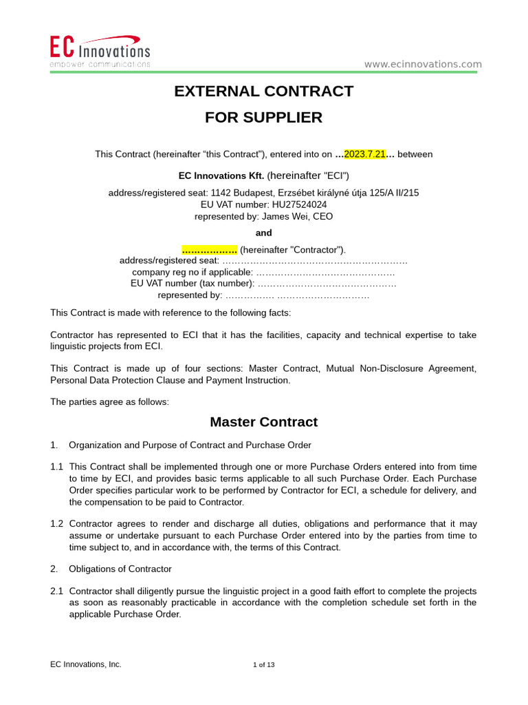 ECI Supplier Contract With GDPR - EMEA - 2022 | PDF