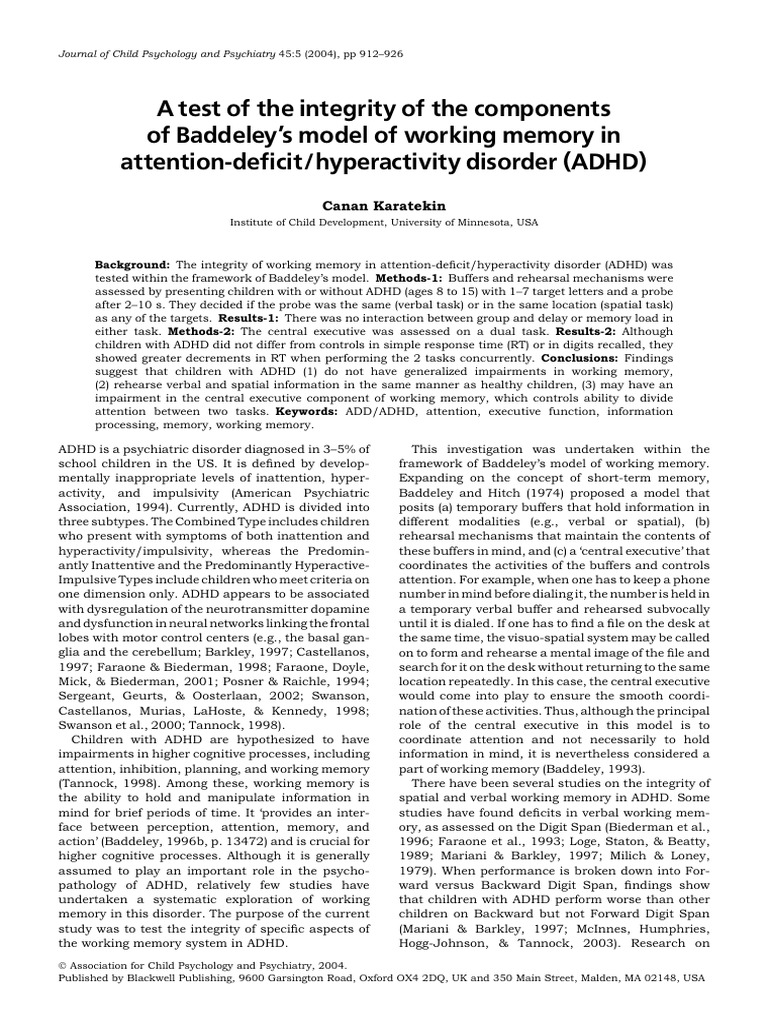 Working Memory in ADHD: Baddeley's Model | PDF | Working Memory ...