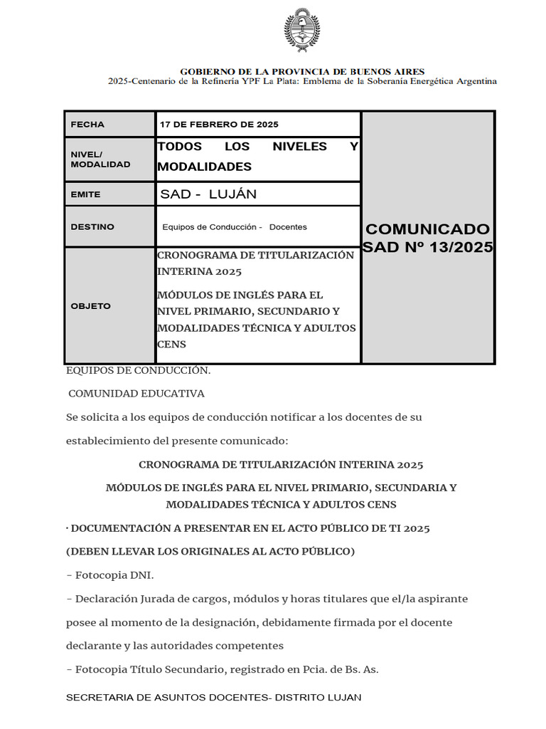 Comunicado #13 Cronograma de Titularización Interina 2025 | PDF