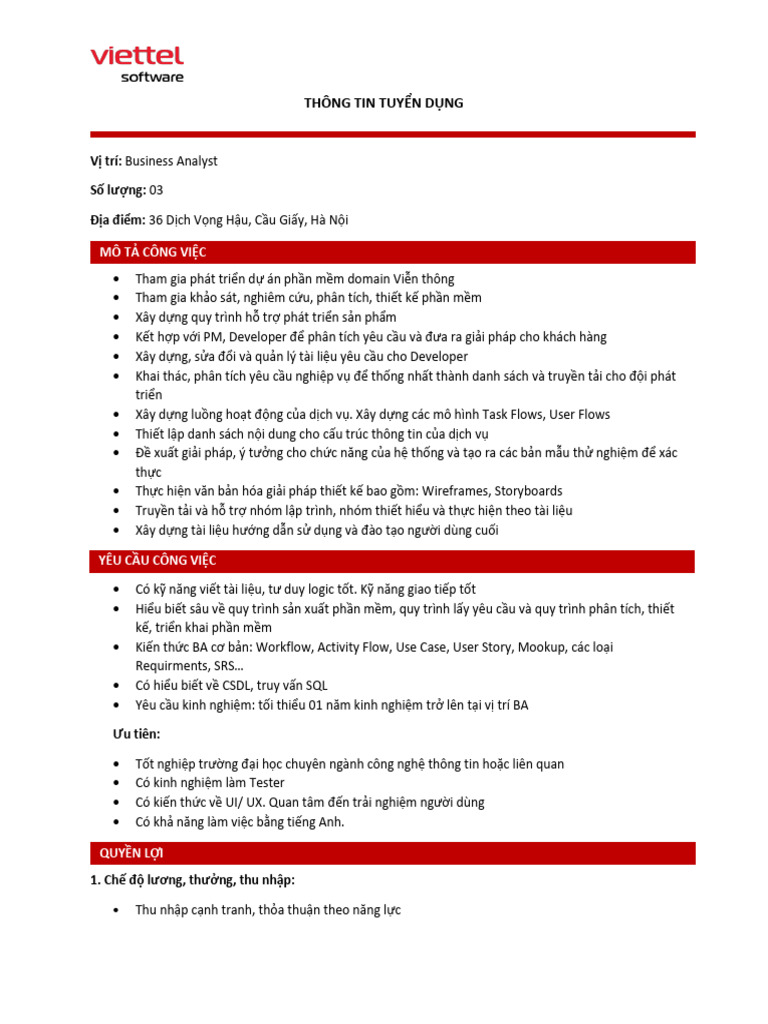 Viettel Software - Business Analyst (1+Yoe) | PDF