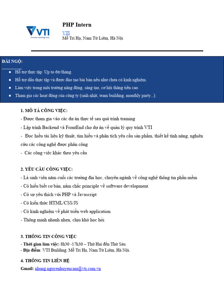 JD - Intern PHP - VTI | PDF