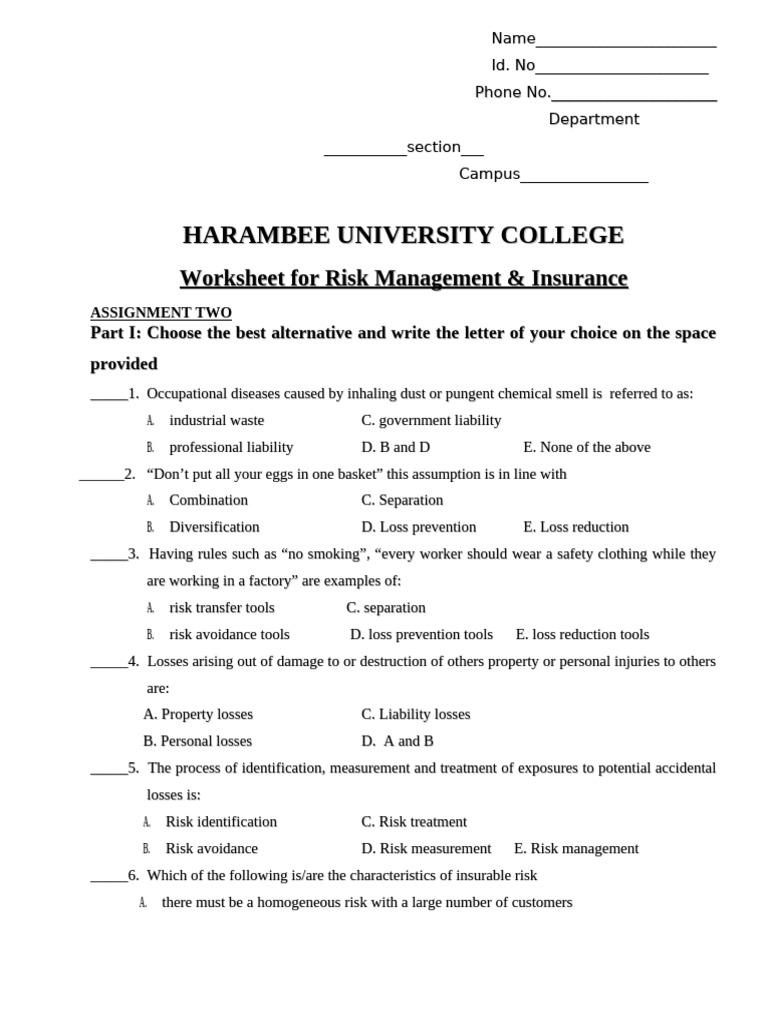 Risk Management Worksheet Two (1) | PDF | Insurance | Risk