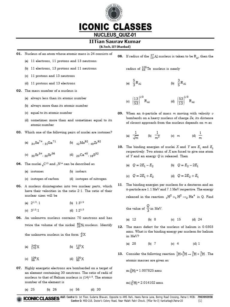 Nucleus - Quiz-1 - 01-02-2025 | PDF | Atomic Nucleus | Neutron