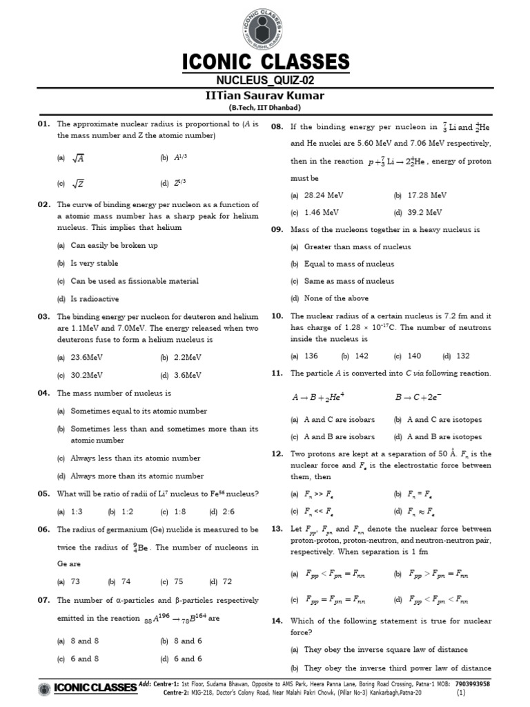 Nucleus Quiz: Key Concepts and Questions | PDF | Atomic Nucleus ...