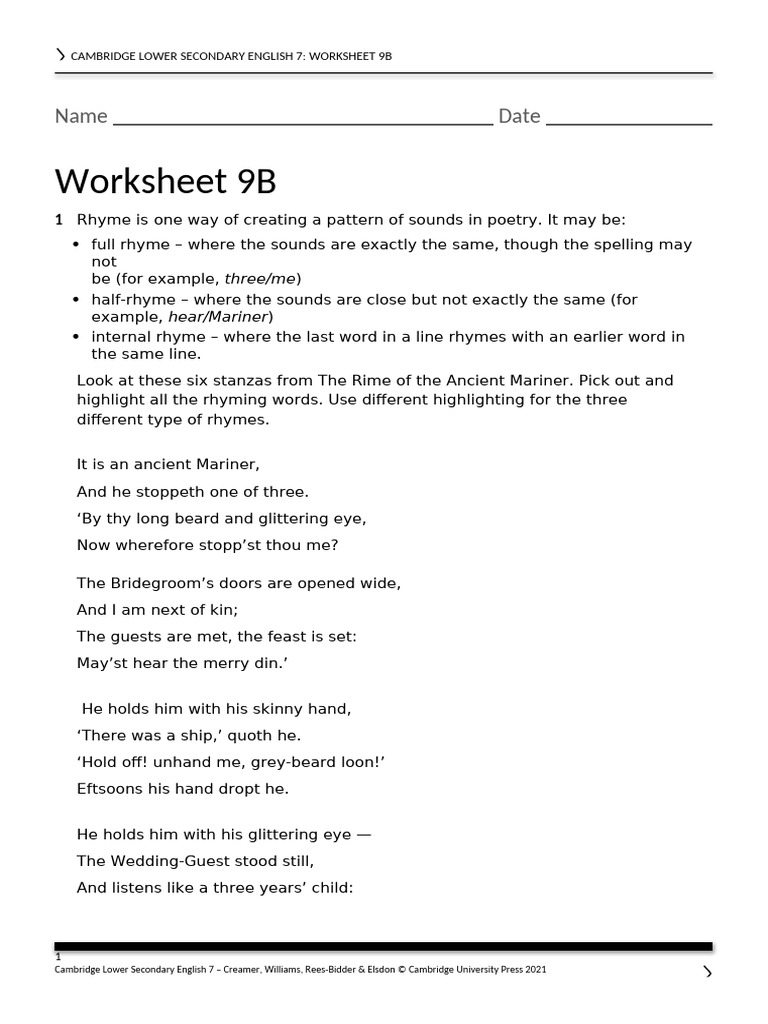 LS English 7 Worksheet 9B | PDF | Rhyme | Narrative Forms