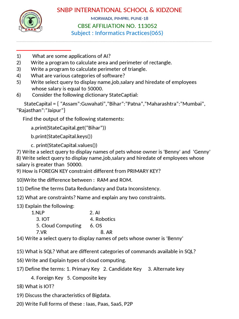 Grade 11 IP Revision Questions 2024-2025 | PDF | Table (Database) | Sql