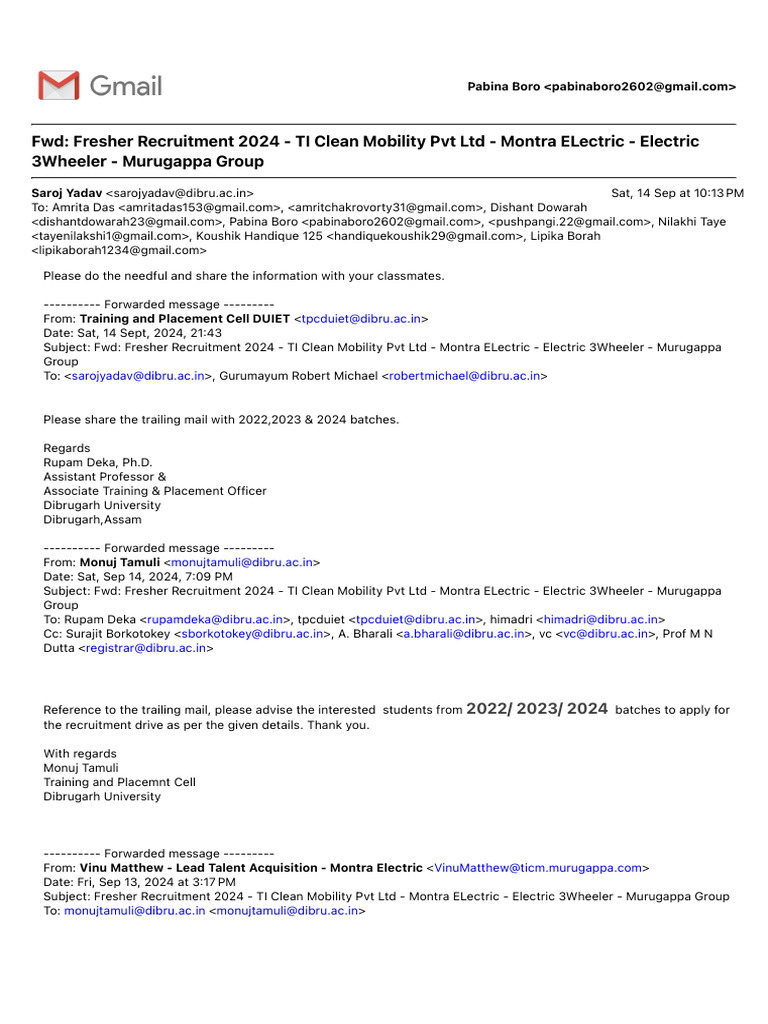 FWD Fresher Recruitment 2024 - TI Clean Mobility PVT LTD - Montra ...