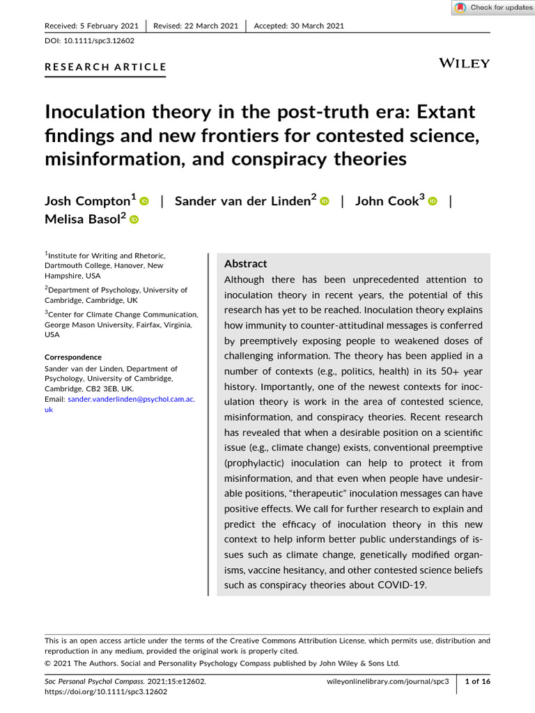 Inoculation theory in the post-truth era- Extant findings and new ...