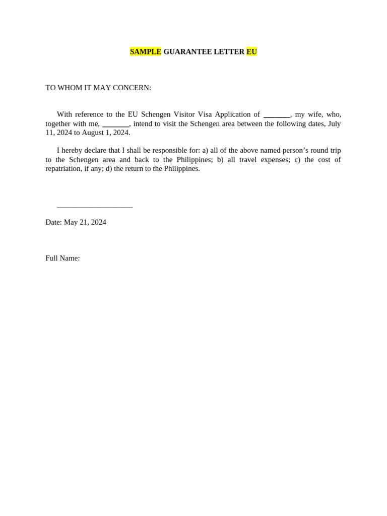 Guarantee Letter EU Schengen | PDF