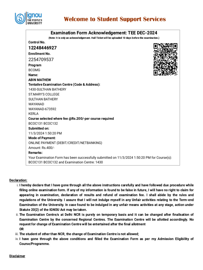IGNOU - Examination Form Acknowledgement Dec 2024 | PDF