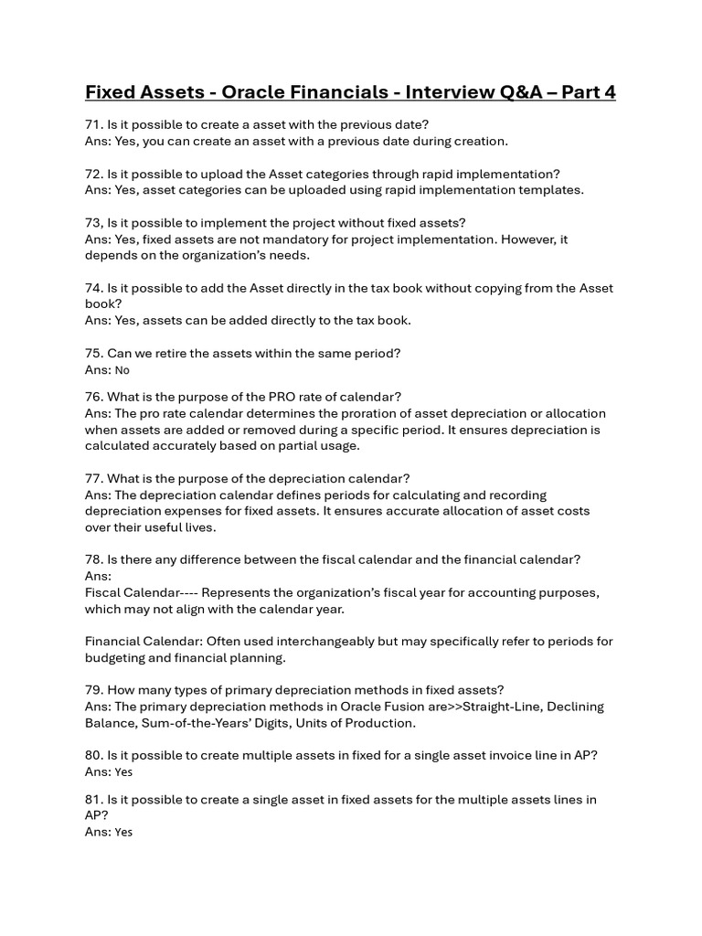 Oracle Fixed Assets - Interview Questions | PDF | Depreciation | Fixed ...