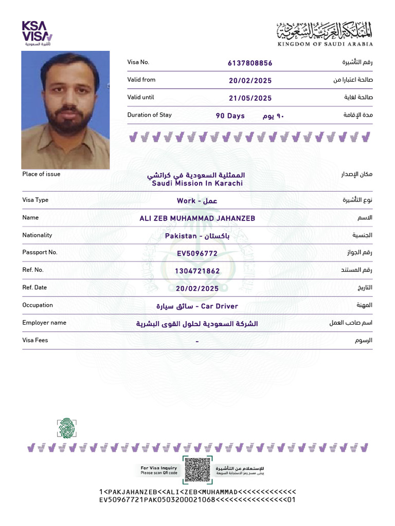 Visa - Ali Zeb Muhammad Jahanzeb Pp#Ev5096772 | PDF