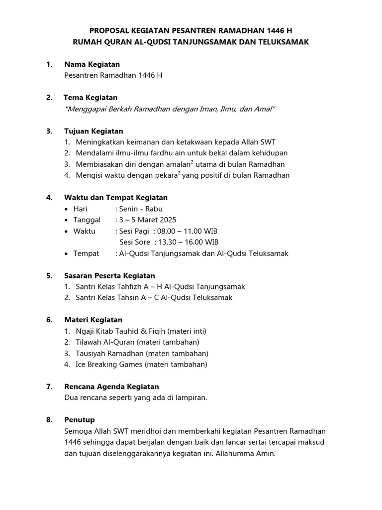 Proposal Kegiatan Pesantren Ramadhan | PDF