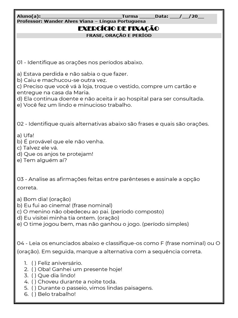 Frase Oracao e Periodo Exercicios | PDF
