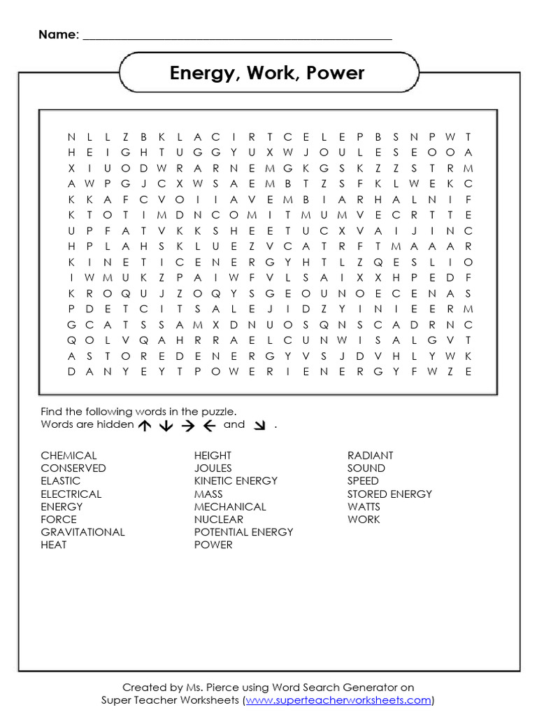 Energy Work Power Word Search Puzzle | PDF