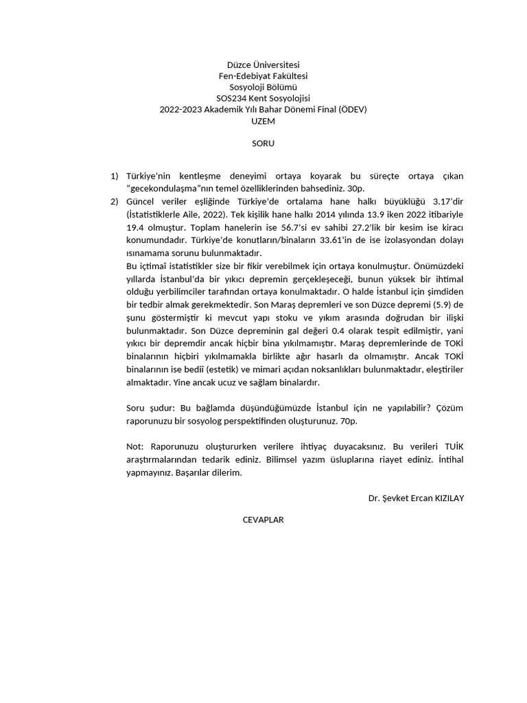 Kent Sosyolojisi Final UZEM | PDF