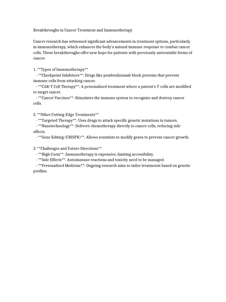 Breakthroughs in Cancer Treatment and Immunotherapy | PDF