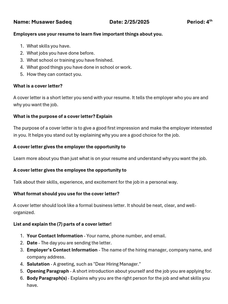 CLASS - Cover Letter Assessment - Musawer Sadeq | PDF | Résumé | Employment