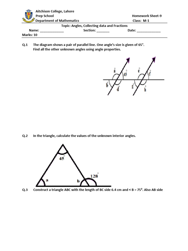 M-1 Math Homework: Angles & Fractions | PDF