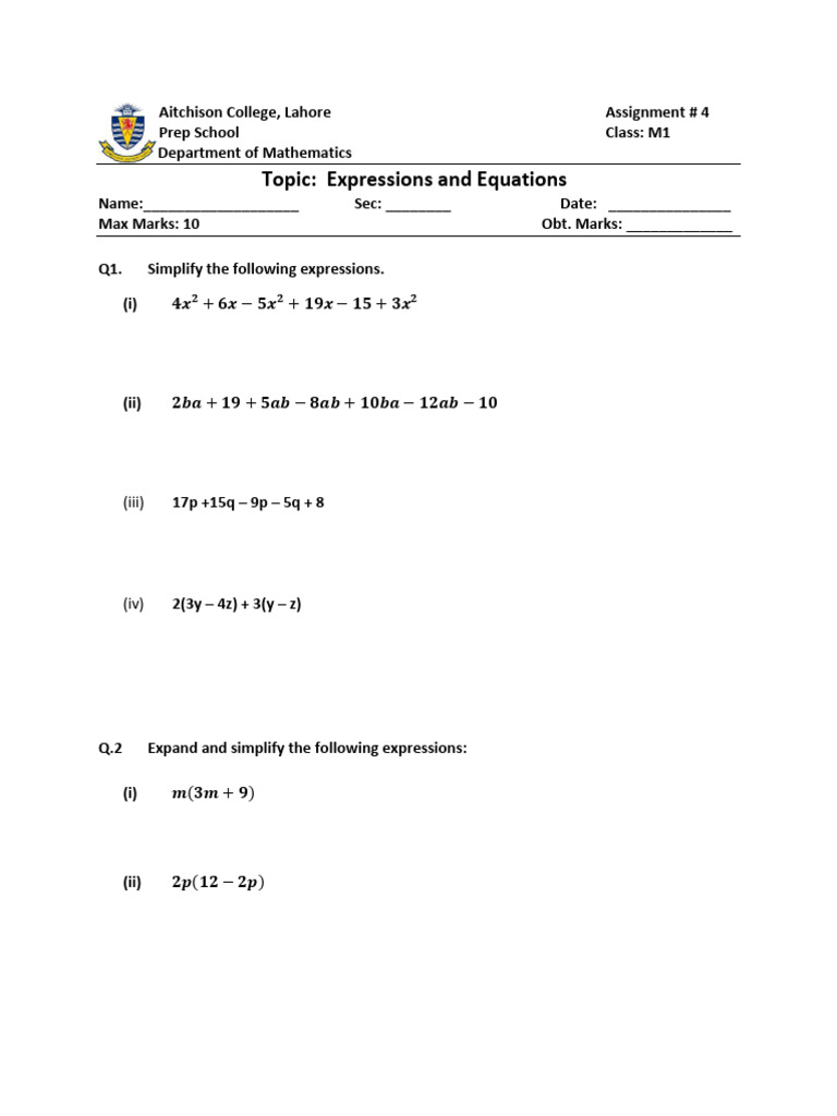 M1 Week 4 Worksheet 4 (Expression and Equations) (SS) | PDF | Equations ...