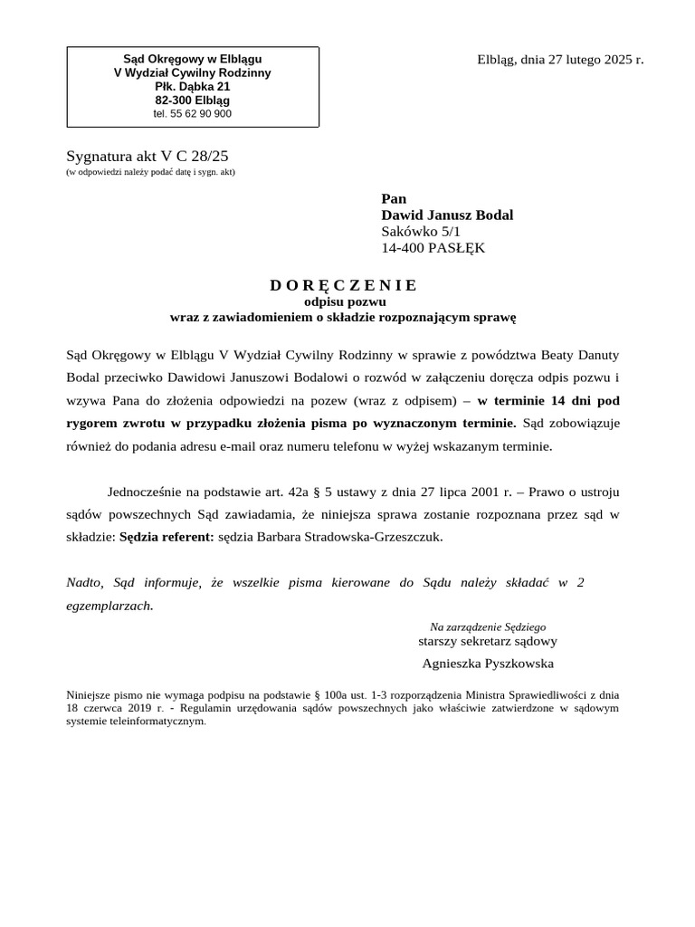 Sygnatura Akt V C 28/25: Doręczenie | PDF
