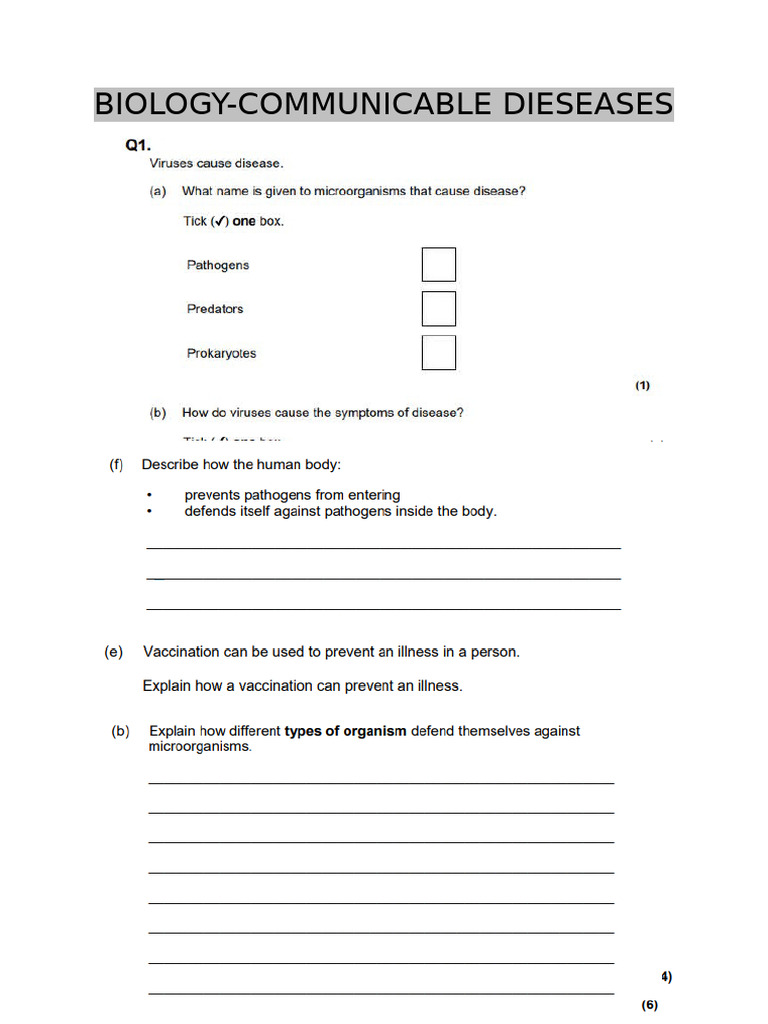 Biology Communicable Diseases Questions | PDF