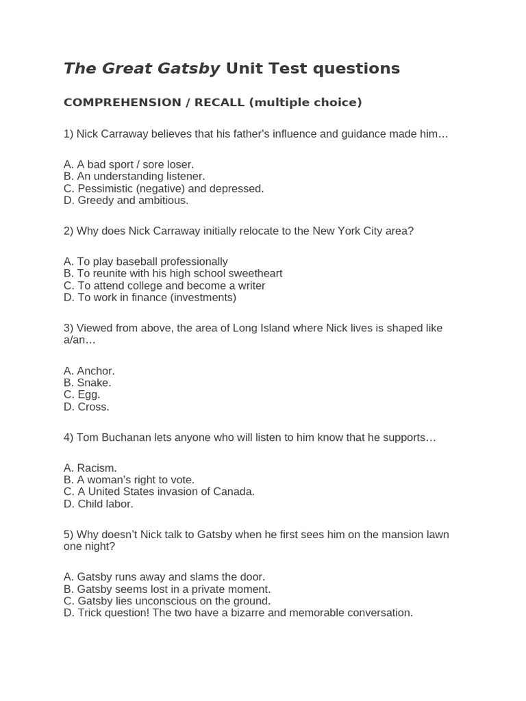 Great Gatsby Unit Test Questions | PDF | The Great Gatsby | Narration
