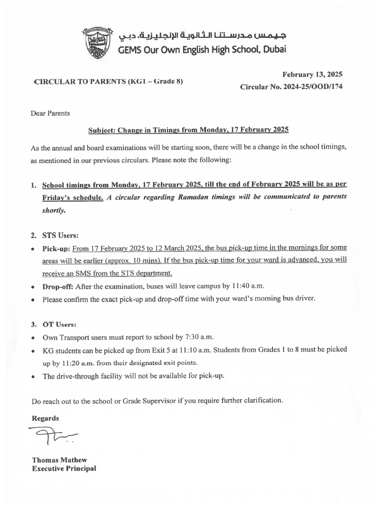 Circular to Parents (KG1 - Grade 8) Change in Timings From Monday, 17th February 2025 | PDF