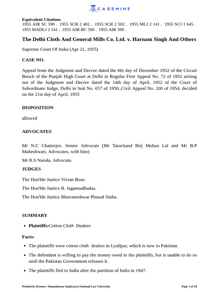 CASEMINE - The Delhi Cloth and General Mills Co. Ltd. v. Harnam Singh and Others | PDF | Banks ...