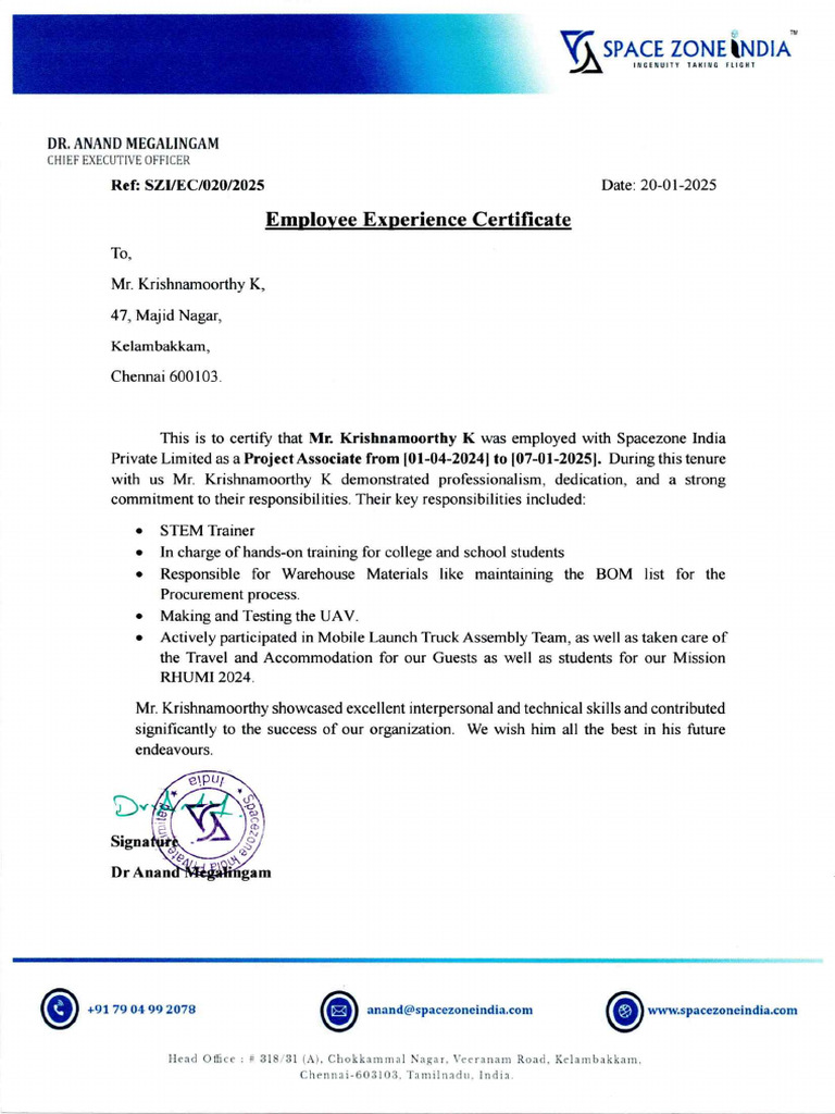 Experience Certificate Spacezoneindia | PDF