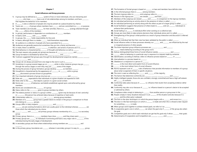 Worksheet Chp. - 7 Psychology | PDF | Conformity | Organizational Behavior