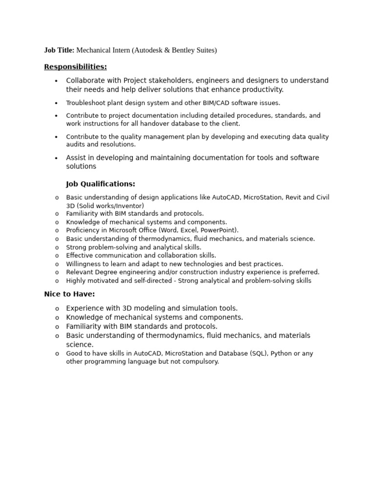 Job Description - Digital Delivery and BIM Internship | PDF