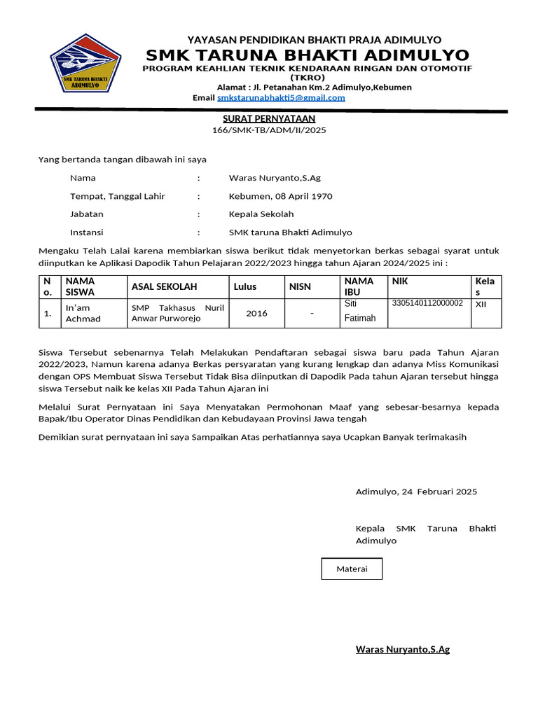 Surat Pernyataan Kelalaian OPS | PDF