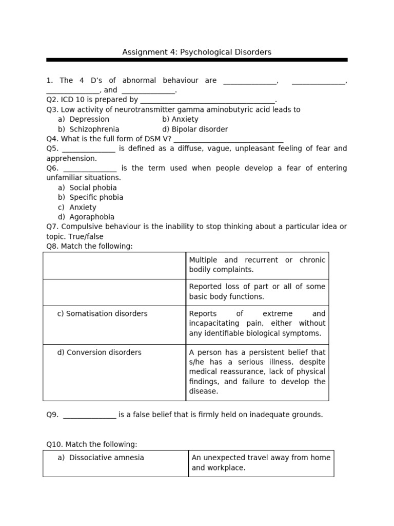 Psychological Disorders Quiz | PDF | Mental Disorder | Anxiety
