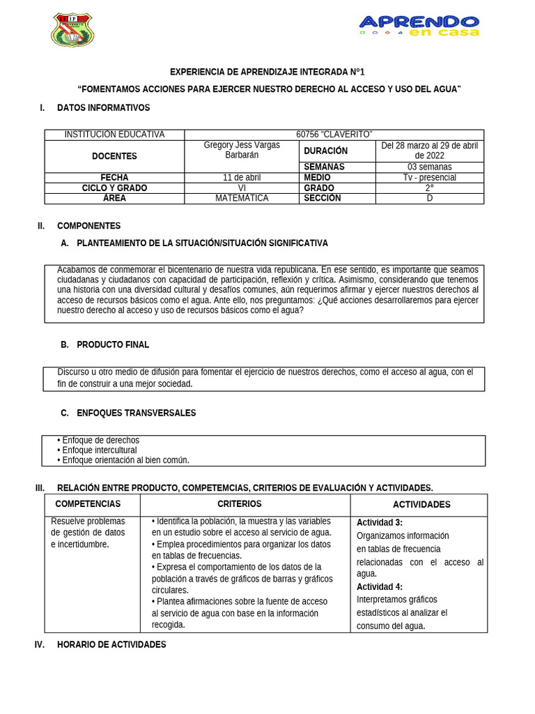 EdA N°01 - 2do - GREGORY | PDF | Estadísticas | Agua