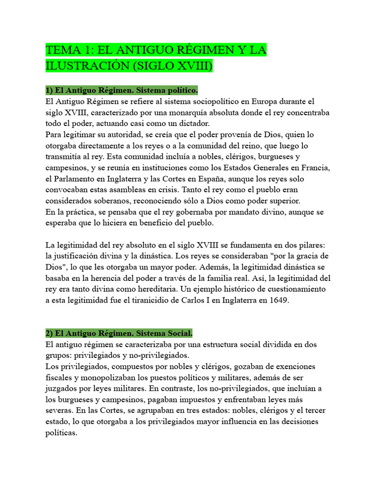 Tema 1 - El Antiguo Régimen y La Ilustración (Siglo Xviii) - 2 | PDF ...