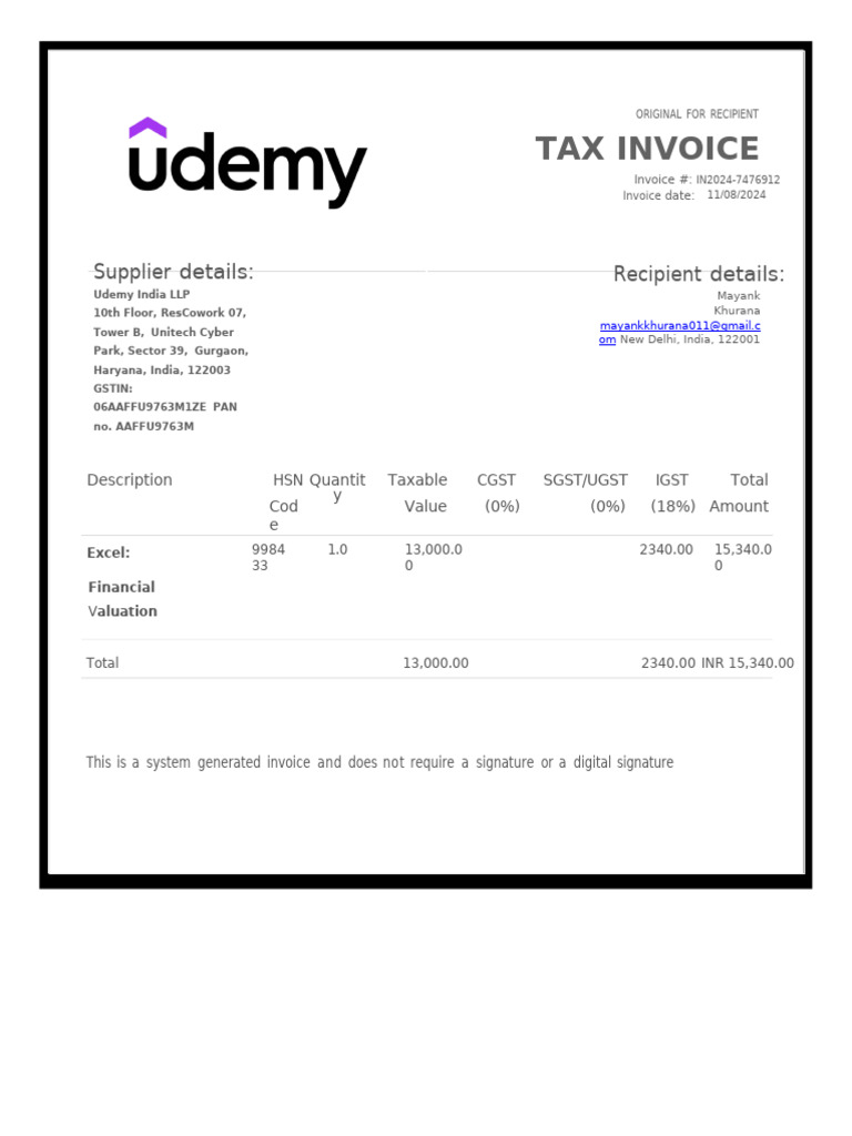 Udemy Bill - 15k | PDF