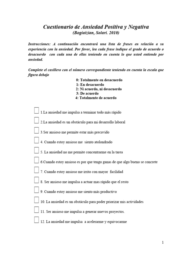 Cuestionario Ansiedad Positiva-Negativa | PDF | Ansiedad | Sicología