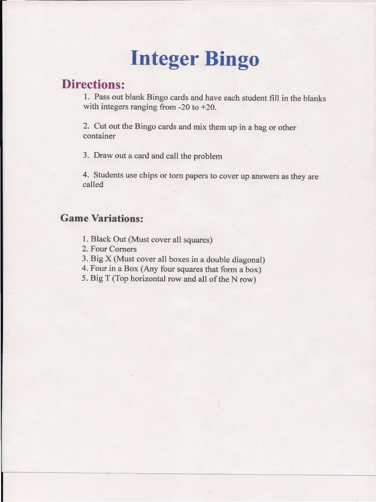 Integer Bingo for Math Students | PDF