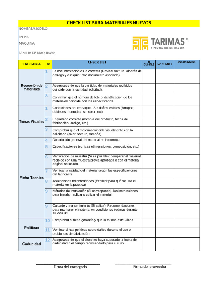Check List para de Material Nuevo | PDF