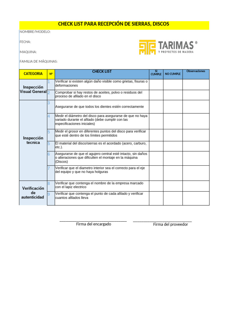 Checklist de Recepción para Sierras y Discos | PDF