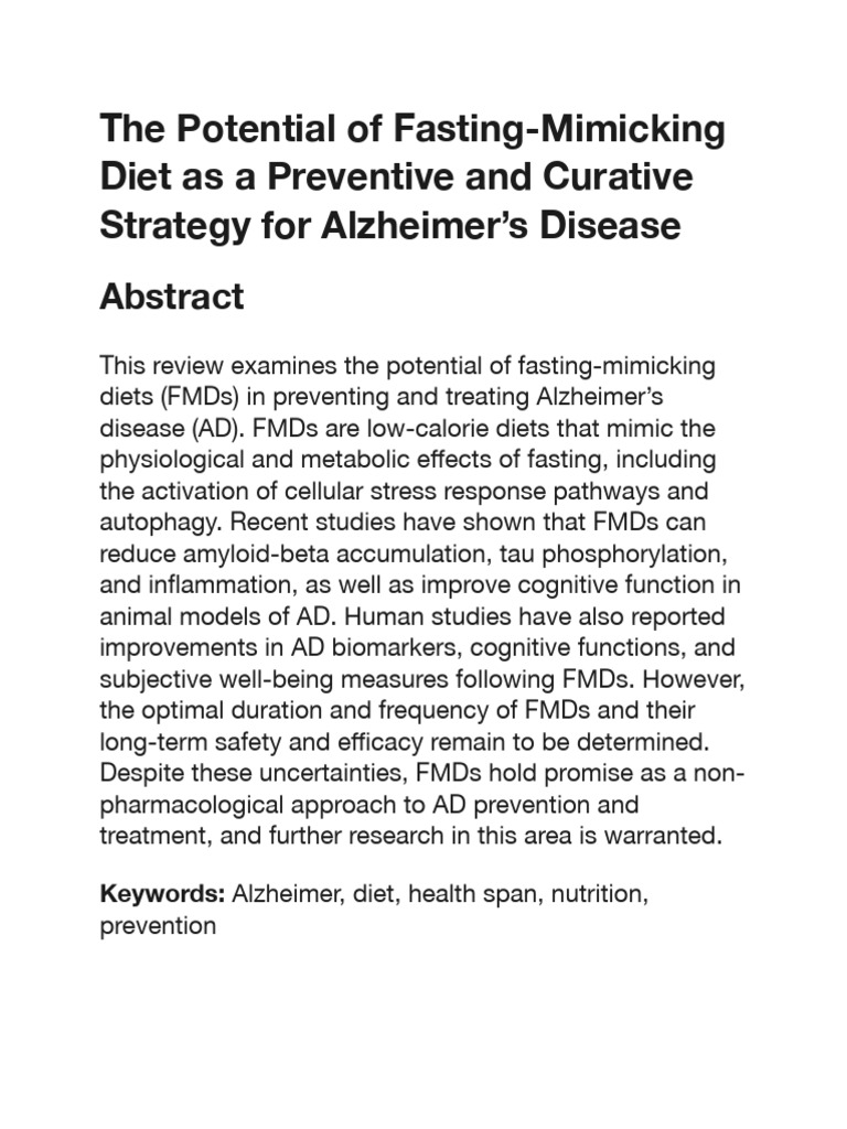 The Potential of Fasting-Mimicking Diet As A Preventive and Curative Strategy For Alzheimer's ...
