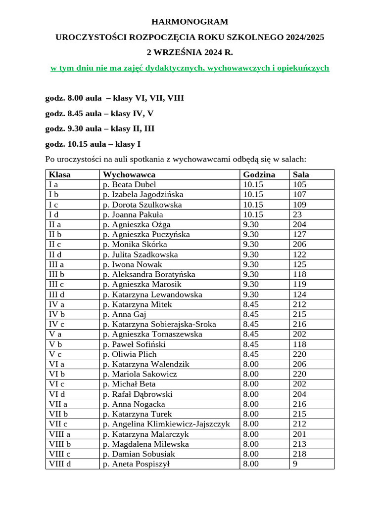 Harmonogram Rozpoczęcia Roku Szkolnego 2024 2025 | PDF