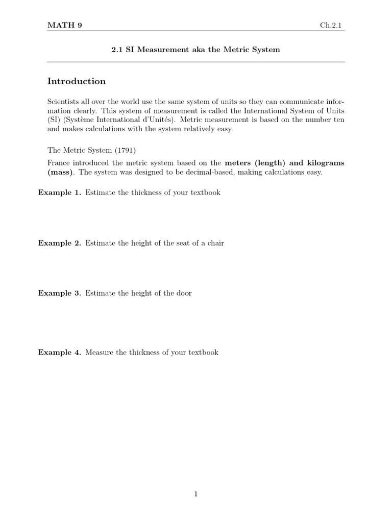 Math 9 CH 2 1 SI Measurement | PDF | Measurement | Metre