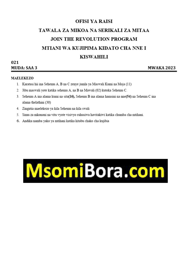KISWAHILI - Questions n Answers - MSOMIBORA.COM | PDF