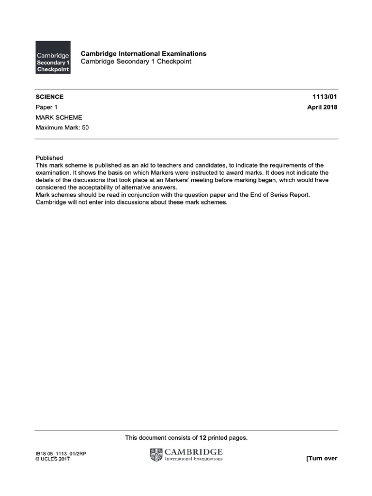 Cambridge Science Checkpoint Mark Scheme | PDF