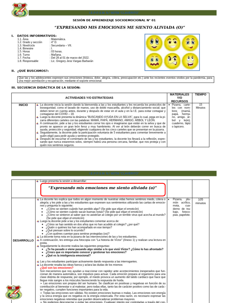 SESIÓN DE APRENDIZAJE SOCIOEMOCIONAL 1° - VII CICLO | PDF | Las ...
